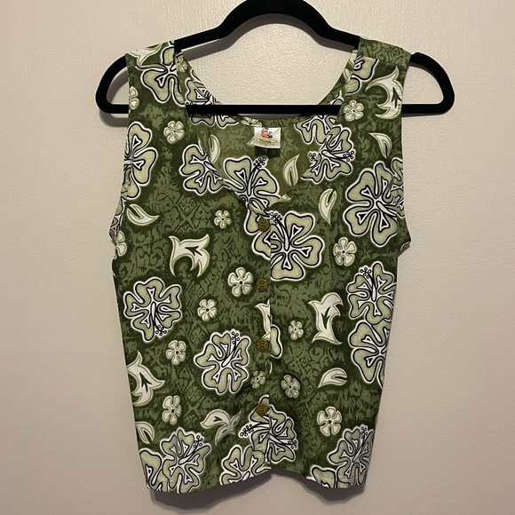 rima | Tops | Rima Vintage Hawaiian Print Button Up Tank Top W Tie Belt ...